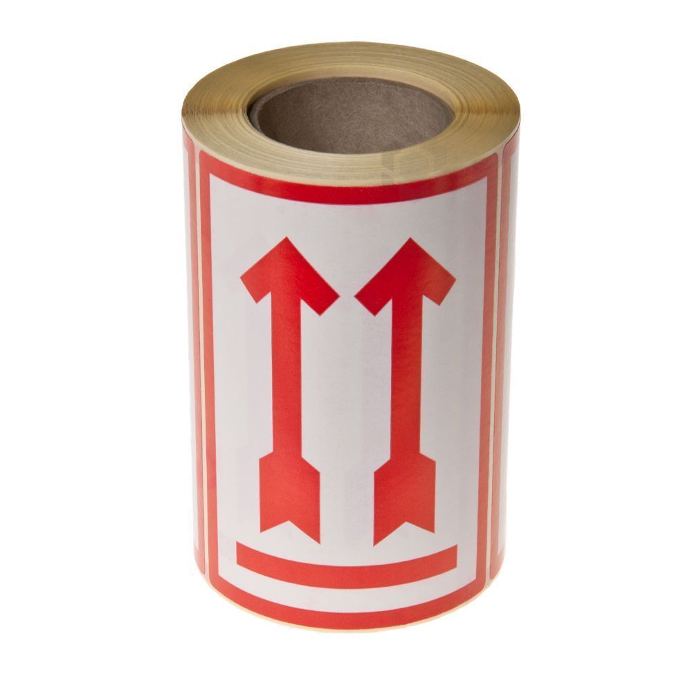 Safe handling label Red arrows print, 250pcs/roll - Pakendikeskus