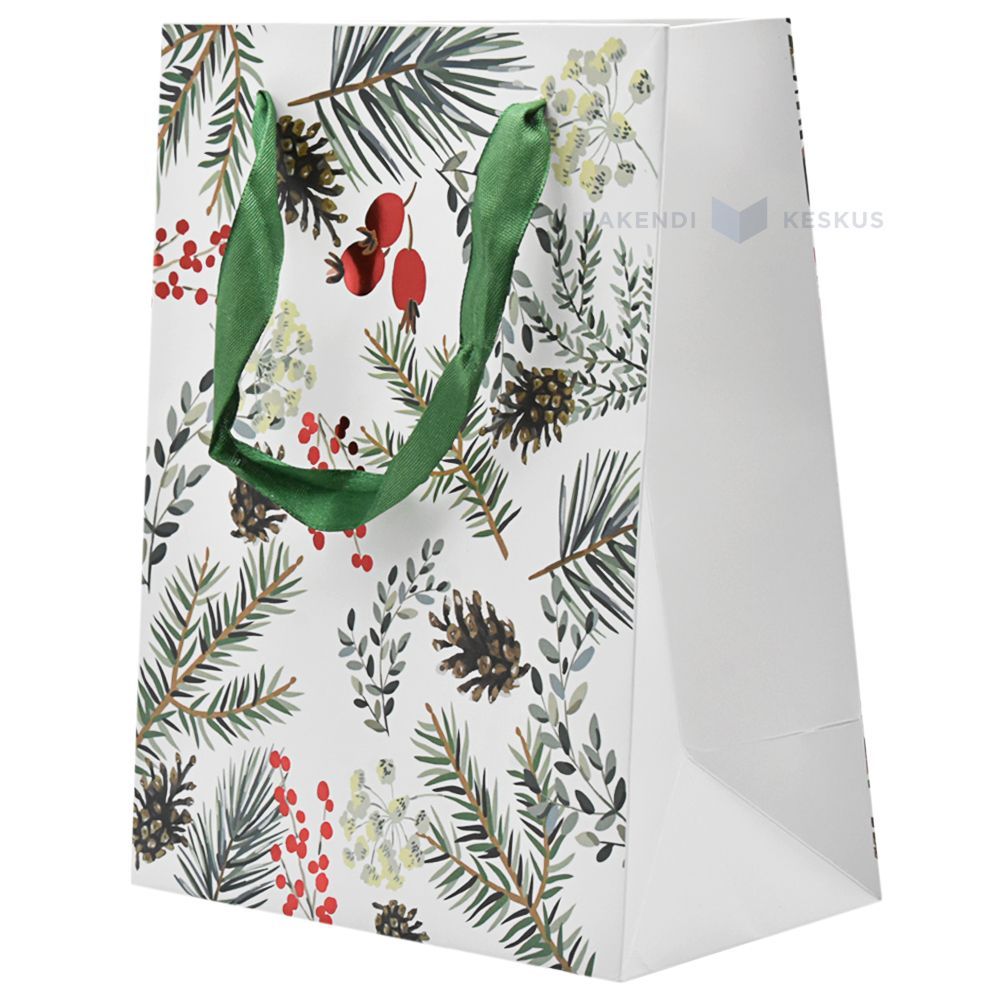 Lahjakassi vihreällä nauhakahvalla, 18+10x23cm, havupuun oksia, käpyjä ...