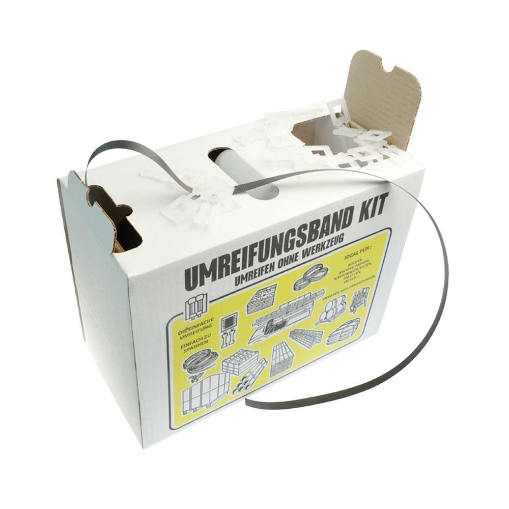 PP strapping kit, 600m 12mm wide strap + 200 bucles/box - Pakendikeskus