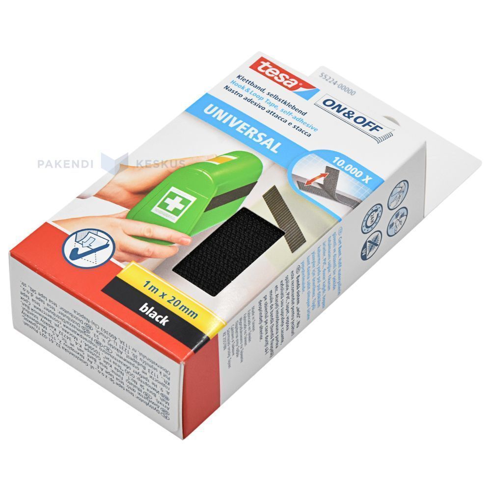 Black velcro tape On&Off Tesa 55224 20mm wide, 1m/roll - Pakendikeskus