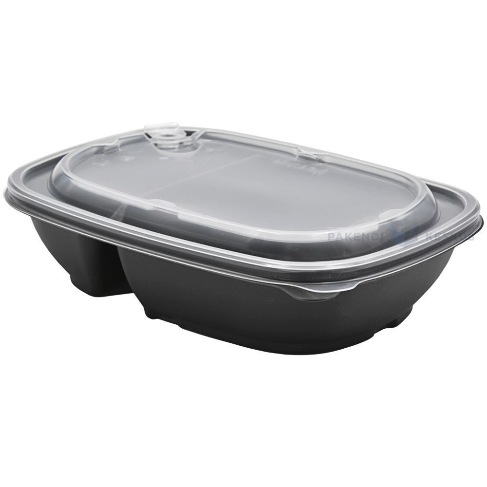 Reusable black 2-compartment food tray with transparent lid 650+250ml ...